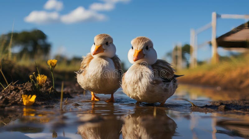 Two Ducks Standing in a Puddle. Generative AI. Stock Illustration ...
