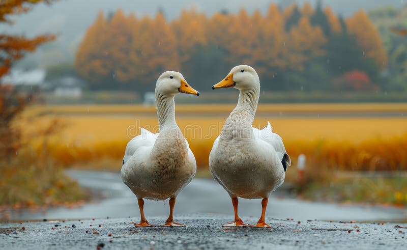 Two Ducks Standing on a Road in the Rain Stock Image - Image of ...