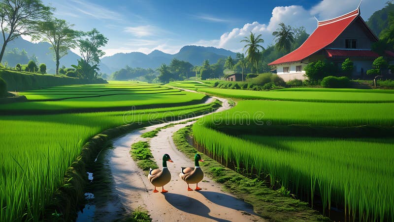 Two Ducks Stroll Down a Picturesque Path through Lush Green Rice ...
