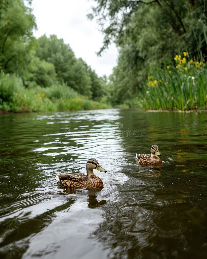 Two Ducks Swim in a River Surrounded by Lush Greenery. Stock ...