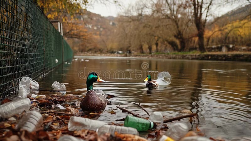 Two Ducks Swimming in a Polluted River Surrounded by Plastic Bottles ...