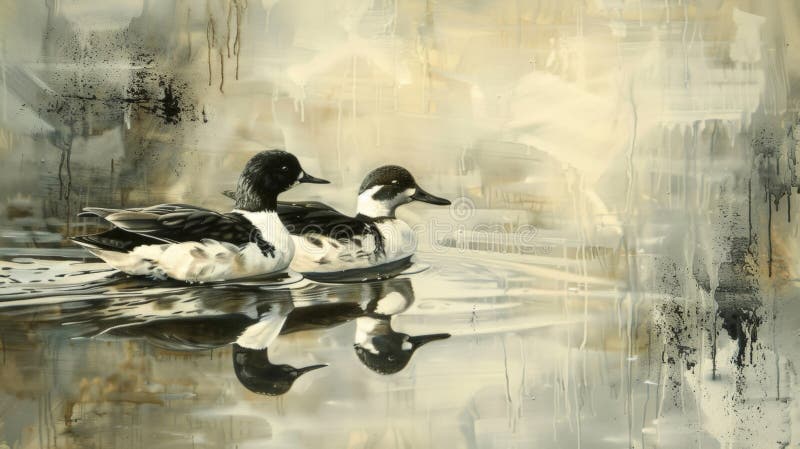 Two Ducks Swimming in a Pond with a Distant Bridge Stock Image - Image ...