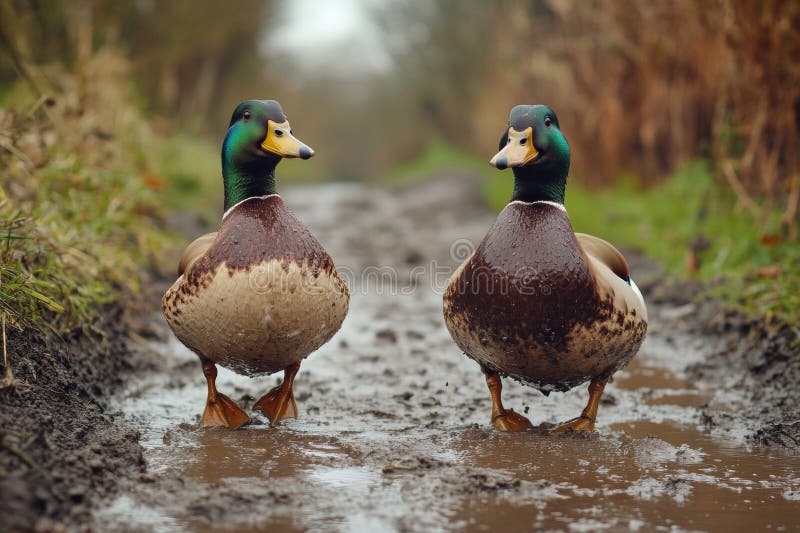 Two Ducks Waddle Playfully through a Muddy Farm Path, Surrounded by ...