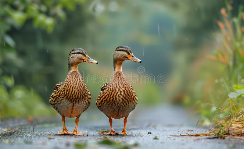 Two Ducks Walk on the Road in the Rain Stock Image - Image of birds ...