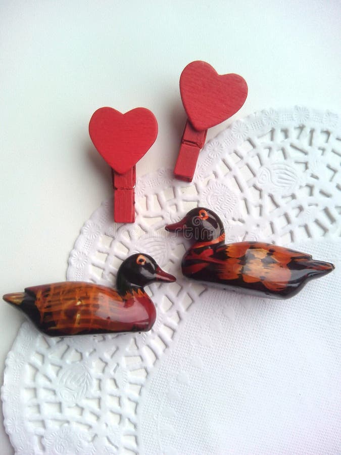 Two Ducks of Wooden and Red Hearts Stock Image - Image of valentine ...