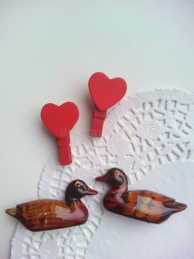 Two Ducks of Wooden and Red Hearts Stock Photo - Image of beautiful ...