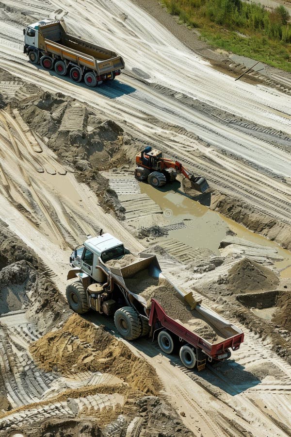 Two Dump Trucks Driving Down a Dirt Road. Suitable for Construction or Transportation Themes ...