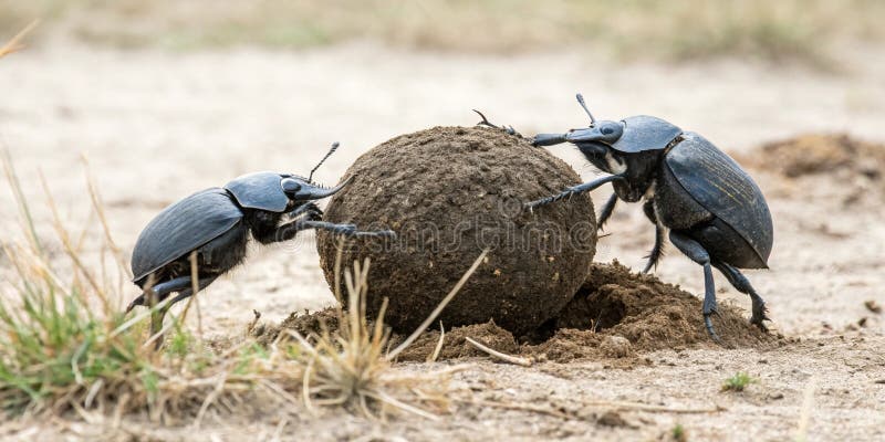 Two dung beetles at work stock illustration. Illustration of closeup ...