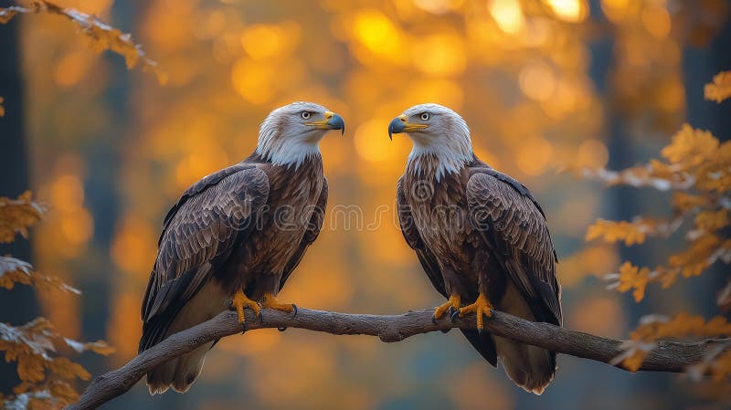 Two Eagles Face Each Other on a Branch, Framed by Golden Autumn Light ...