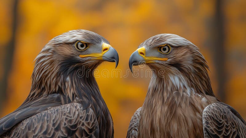 Two Eagles Face Each Other on a Branch, Framed by Golden Autumn Light ...