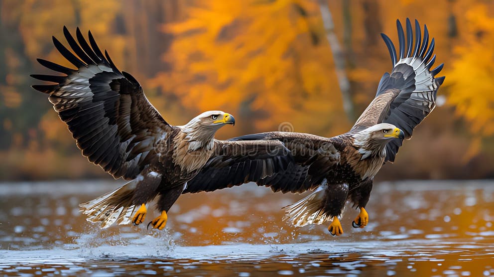 Two Eagles Flying Low Over Autumnal River Stock Illustration ...