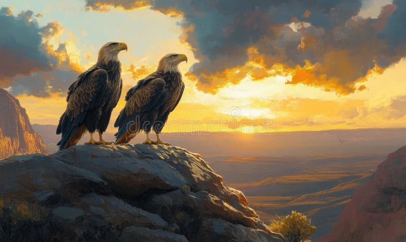Two Eagles are Perched on a Rock in Front of a Sunset Stock Image ...