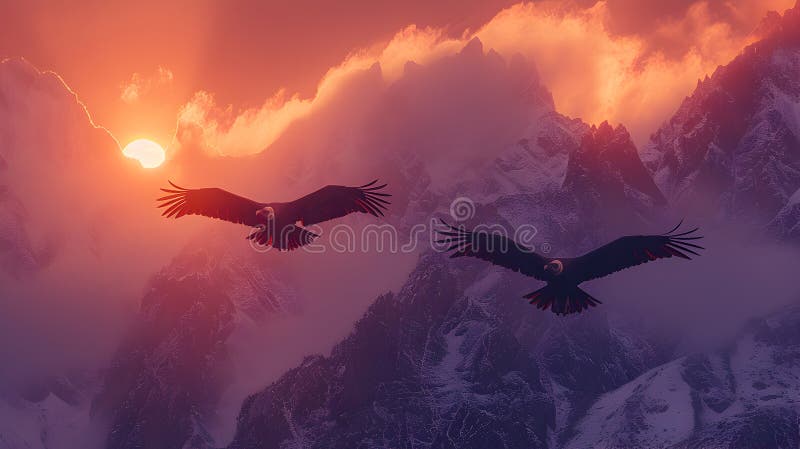 Two Eagles Soaring Over Mountain Peaks at Sunset Stock Illustration - Illustration of stunning ...