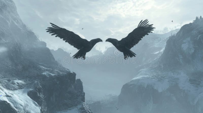 Two Eagles Soaring Over Snowy Mountain Peaks Stock Illustration ...
