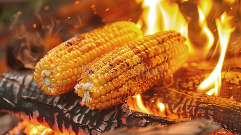 Two Ears of Corn, Kernels Glistening, Roast Over an Open Fire Stock ...