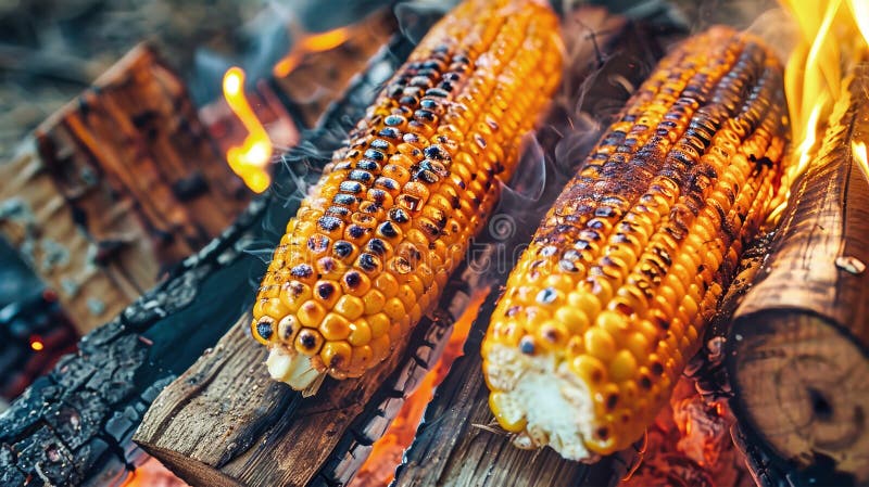 Two Ears of Corn, Roasted Over an Open Fire, are Placed on Charred ...