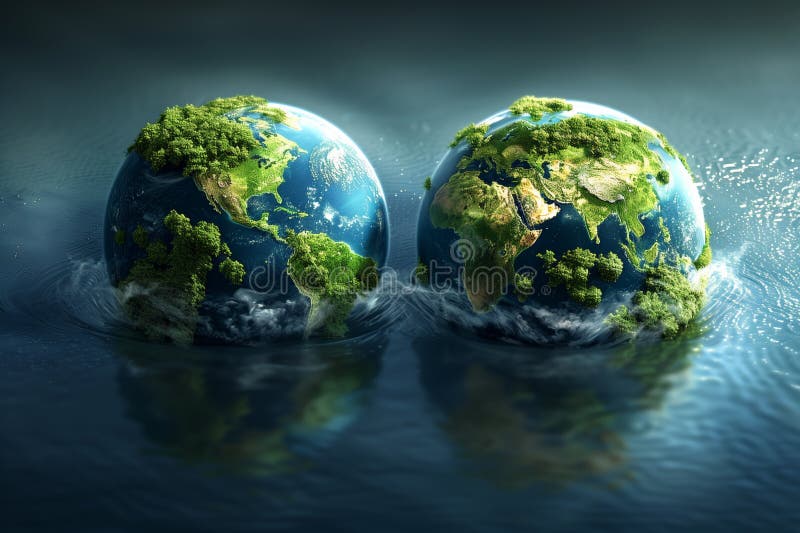 Two Earth Globes Floating in Water Stock Image - Image of globe ...