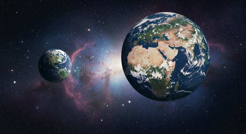 Two Earths in Deep Space with Nebula and Starfield Background Stock ...