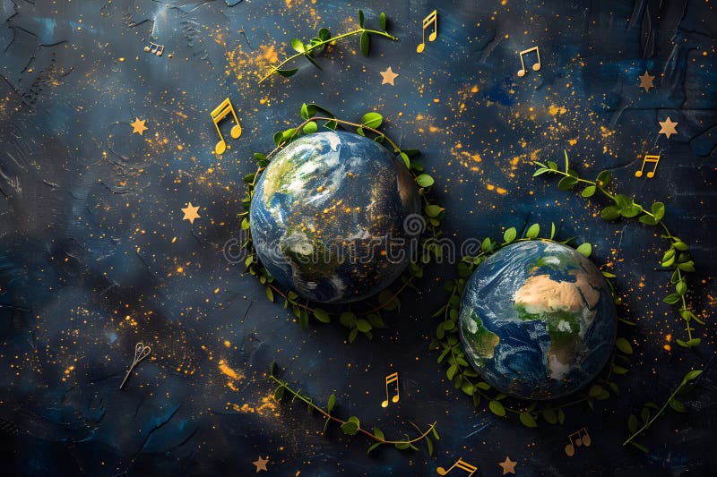 Two Earths Surrounded by Musical Notes and Plants Generative AI Stock ...