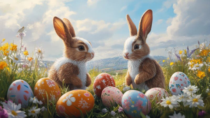 Two Easter Bunnies Amongst Spring Flowers and Eggs Stock Illustration ...