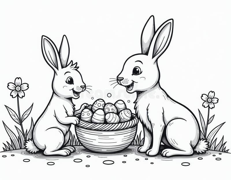 Two Easter Bunnies with Basket of Eggs Stock Illustration ...
