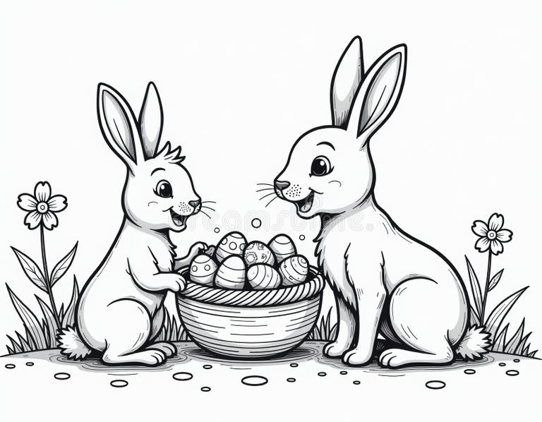 Two Easter Bunnies with Basket of Eggs Stock Illustration ...