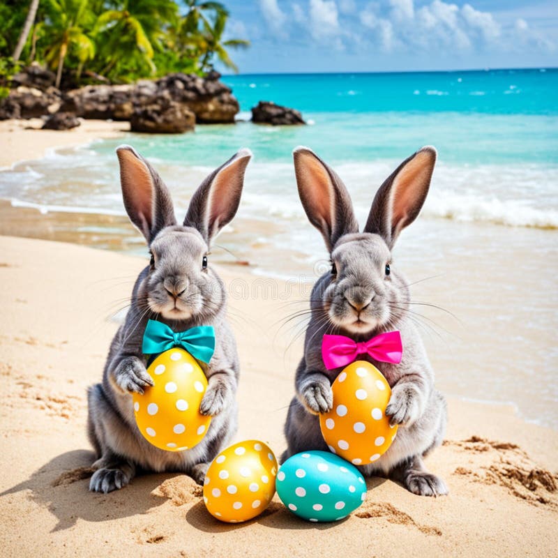 Two Easter Bunnies with Easter Eggs on the Tropical Beach. Easter ...