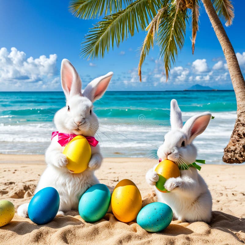 Two Easter Bunnies with Easter Eggs on the Tropical Beach. Easter ...