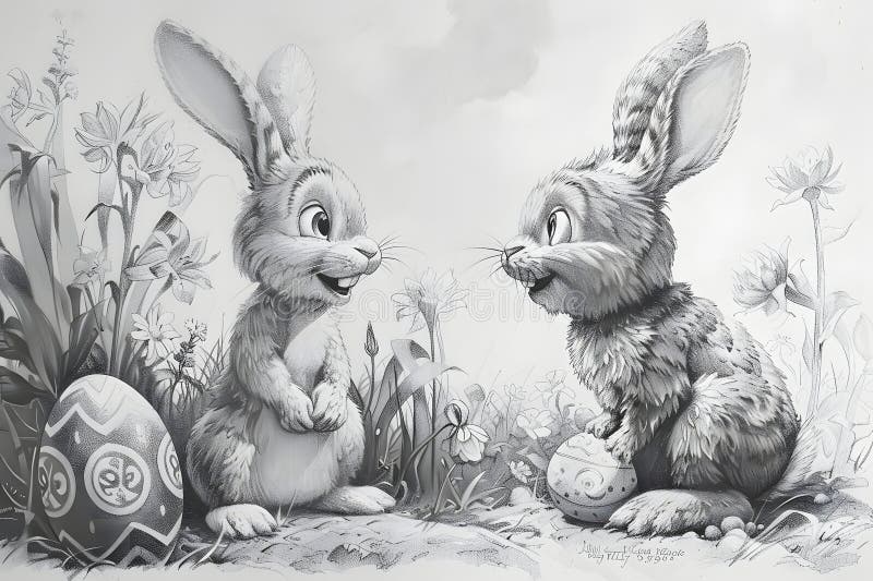 Two Easter Bunnies. Funny Pencil Drawing, Sketch Stock Illustration ...
