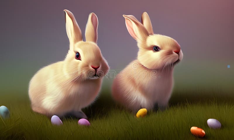 Two Easter Bunnies on a Meadow with Easter Eggs Stock Illustration ...