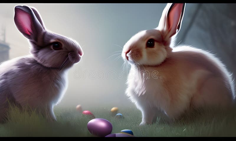 Two Easter Bunnies on a Meadow with Easter Eggs Stock Illustration ...