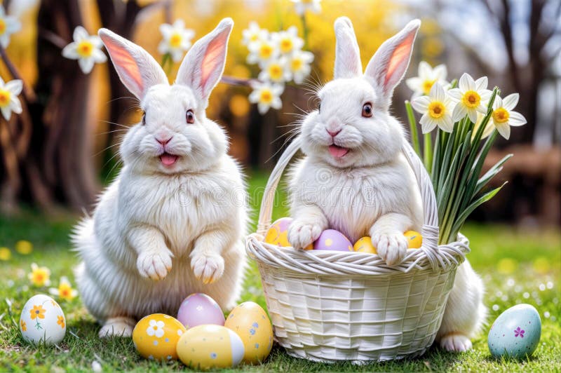Two Easter Bunnies Sitting Next To a Basket Filled with Easter Eggs and ...