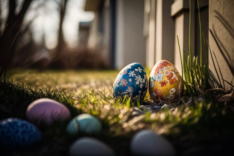 Two Easter Eggs Decorated with Flowers on the Lawn of a House. Stock ...