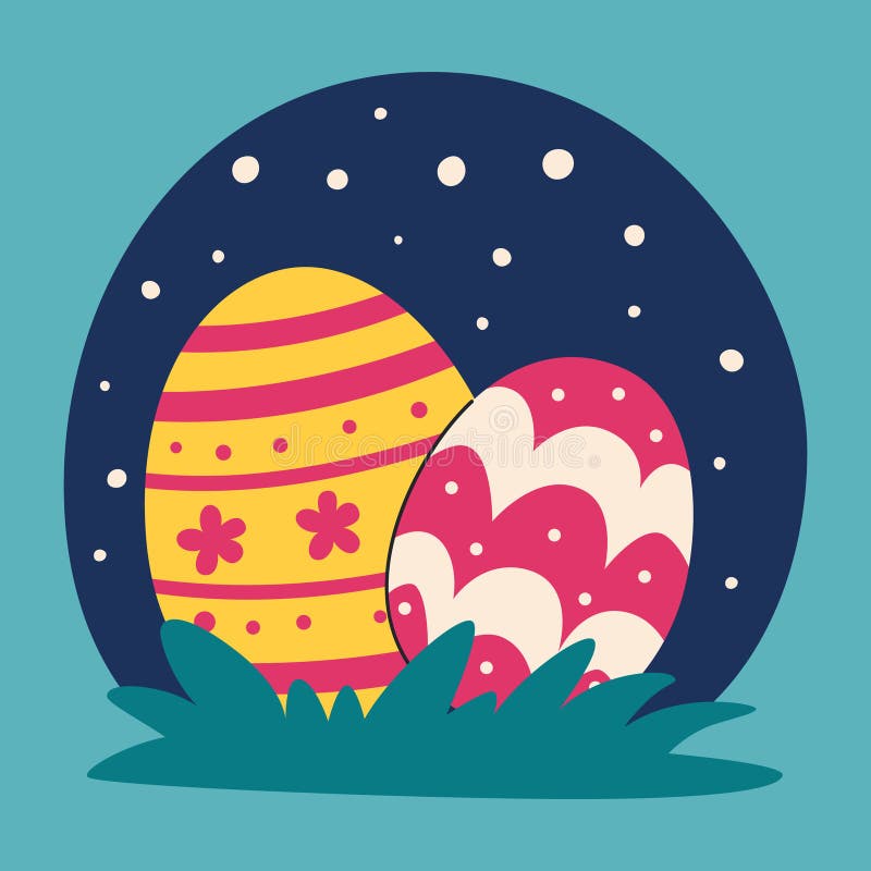 Two Easter Eggs among the Grass, Against the Dark Sky. Easter ...