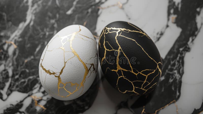 Two Easter Eggs, One White and One Black, are Decorated with Elegant ...