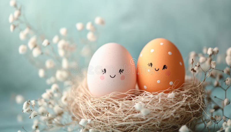 Two Easter Eggs with Painted Faces Smiling in a Nest Stock Image ...