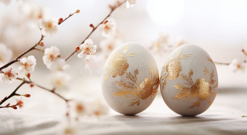 Two Easter Eggs are Placed on a Table and Decorated with Gold Stock ...