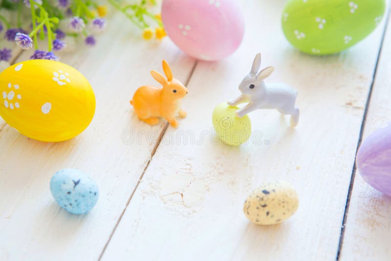 Two Easter Rabbit Bunny and Eggs Celebrate for Easter Day. Stock Photo ...