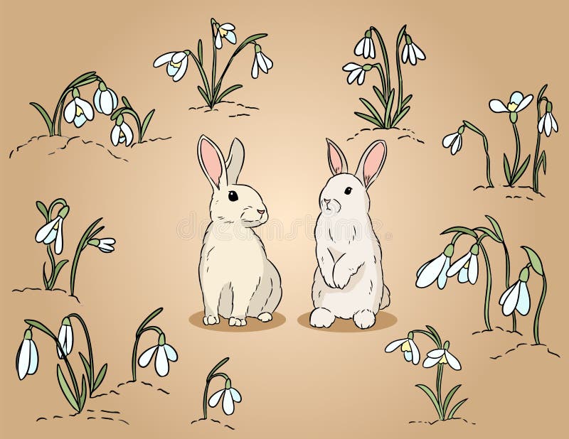 Two Easter Rabbits among the Snowdrops Hand Drawn Colorful Illustration ...