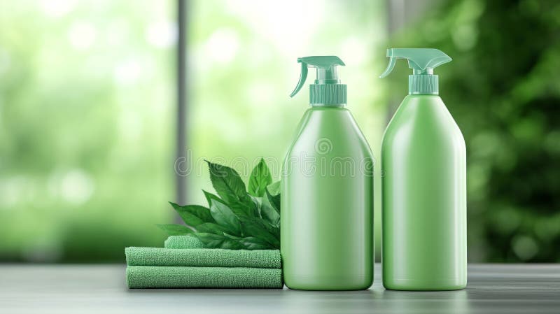 Two Eco-friendly Cleaning Bottles Sit beside Folded Green Towels and ...