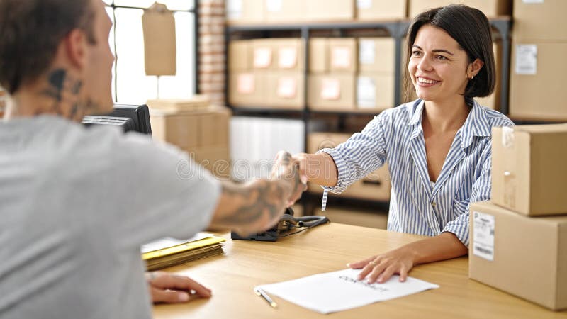 Two Ecommerce Business Worker and Client Shaking Hand at Office Stock ...