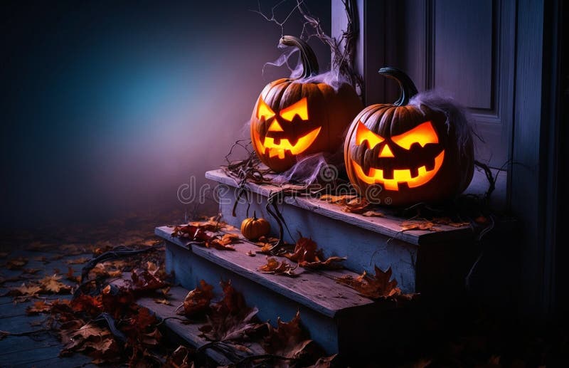 Two Eerie Illuminated Jack-o -Lantern Pumpkins on a Misty Autumn ...