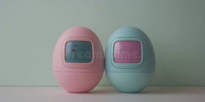 Two Egg Shaped Devices with Screens Resting on White Surface Stock ...