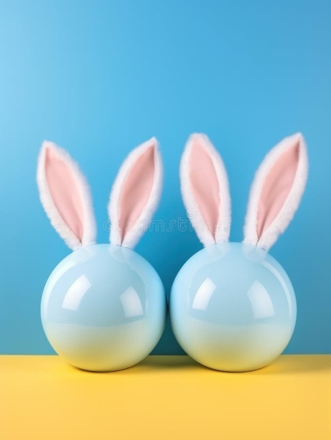 Two Eggs with Bunny Ears Against a Blue and Yellow Background. Stock ...