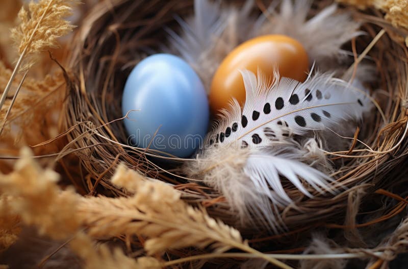 Two Eggs with Feathers in a Nest, Stock Image - Image of white ...