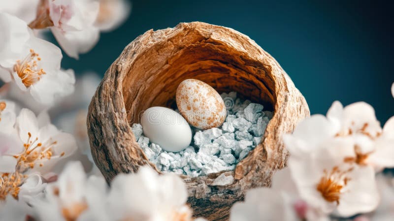 Two Eggs Rest in a Nest on a Blooming Branch, Symbolizing New Life and ...