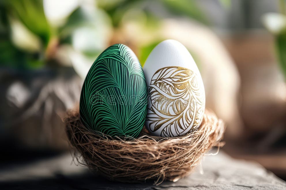 Two Eggs Rest in a Nest, Surrounded by Lush Greenery and a Plant ...