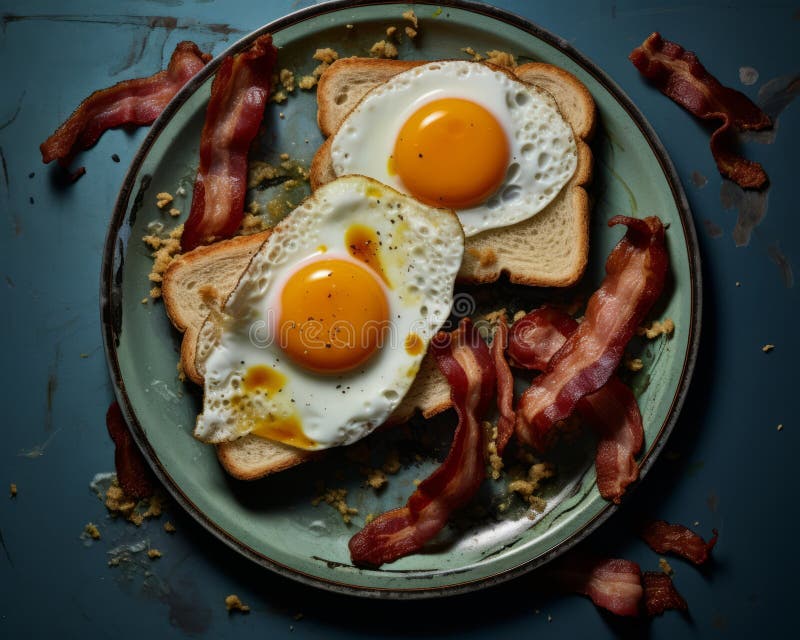 Two Eggs on Toast with Bacon on a Blue Plate Stock Photo - Image of ...