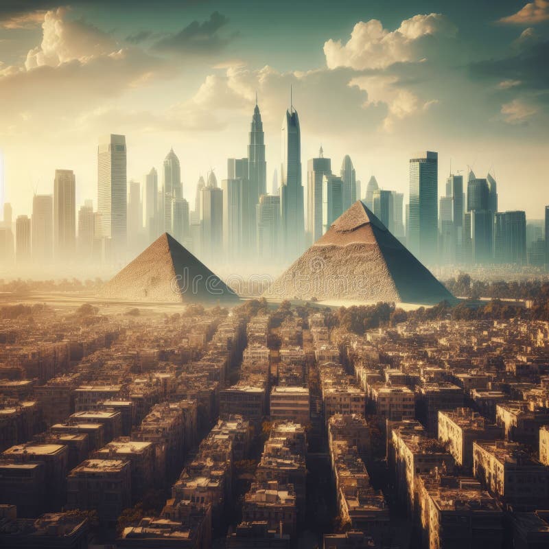 Two Egyptian Pyramids Against the Skyscrapers of a Big City Stock ...