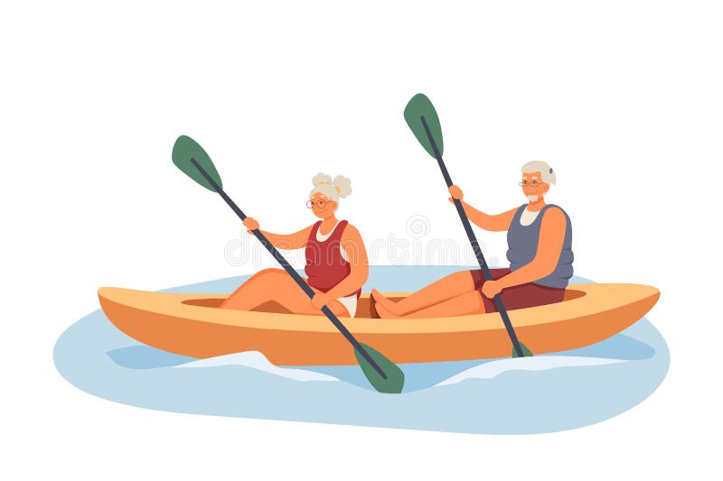Two Elderly Couples Engaged in Rowing and Canoeing. Happy and Modern ...